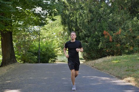 공원에서 조깅하는 남자 여름날 빈의 튀르켄샨츠파르트에서 야외에서 달리기를 하는 한 젊은이 덧없음 훈련 및 건강한 라이프스타일의 개념 35 39세에 대한 스톡 사진 및 기타