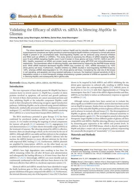 Pdf Validating The Efficacy Of Shrna Vs Sirna In Silencing Hsp90Î± In