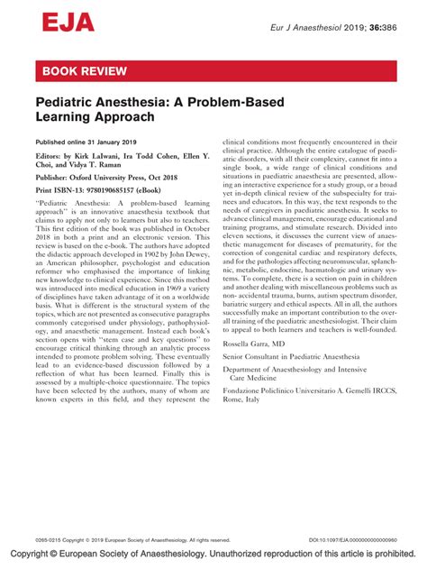 Pdf Pediatric Anesthesia A Problem Based Learning Approach