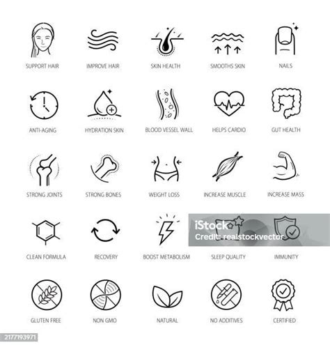 건강한 음식 라이프스타일 인간 개선 제품을 위한 활력 아이콘 세트 피부에 대한 스톡 벡터 아트 및 기타 이미지 피부 아이콘