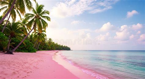 Tropical Beach With Pink Sand And Palm Trees On A Sunny Day Stock