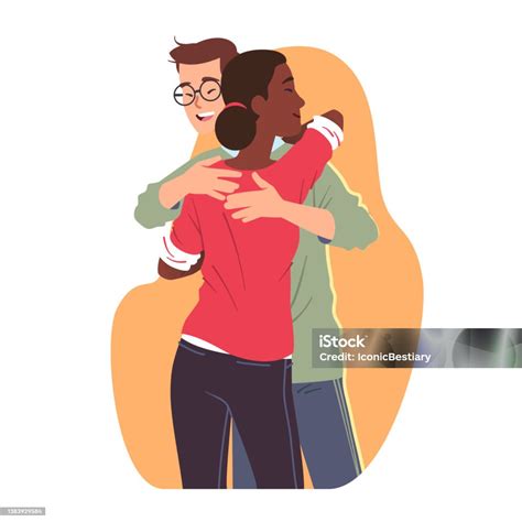 행복한 백인 남자 아프리카 계 미국인 여성 다인종 커플 사랑 또는 친구 포옹 함께 만나는 가족들 로맨스 관계 우정 플랫 벡터