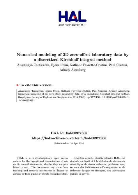 Pdf Numerical Modeling Of 3d Zero Offset Laboratory Data By A Discretized Kirchhoff Integral