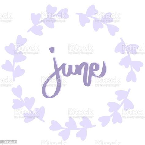 6 월 문구 꽃 보라색 화환 여름 인사말 카드 벡터 격리 된 그림입니다 보라색 브러쉬 서예 손 글자 달력 장식 엽서 라벨에 대한 영감 타이포그래피 포스터 6월에 대한 스톡