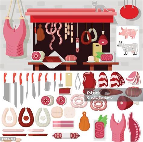 평면 스타일 정육점이 게 직장 아이콘 개체 서식 파일 이랑 키트 아이콘 도살 건설 하 고기 제품 도구를 설정 합니다 장비 컬렉션입니다 고기에 대한 스톡 벡터 아트 및 기타