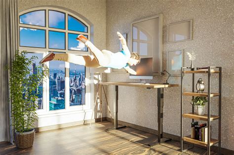 공중에 떠 있는 사업가가 Pc 디스플레이에 빨려 들어간다 초현실적 인 스트레스 몰입 및 가상 현실 개념 큰 창문이 있는 밝은 도시 사무실 3d 일러스트레이션 가상현실에 대한