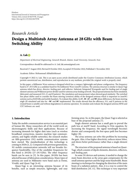 pdf design a multistub array antenna at 28 ghz with beam switching