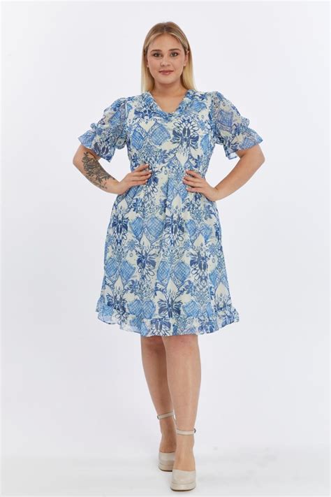 Blue Floral Print Midi Dress Plus Size Chiffon Dress With Ruffle