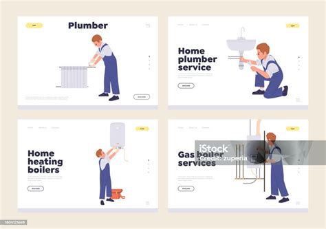가정용 배관공 가스 온수 보일러 또는 난방 시스템 수리 및 유지 보수 온라인 서비스 랜딩 페이지 연관공에 대한 스톡 벡터 아트