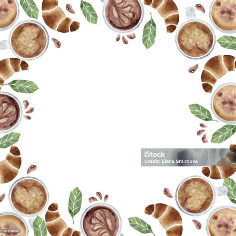 수채화 손으로 그린 원형 프레임 화환에는 카푸치노 커피 컵 나뭇잎 콩 크로와상이 있습니다 흰색 배경에 격리 초대장 카페 레스토랑 음식 메뉴 인쇄 웹 사이트 카드