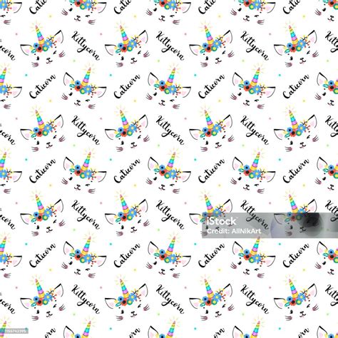 아이들을위한 꽃 화환과 문자 원활한 패턴 귀여운 유니콘 고양이 머리 매직 캐티콘 키티콘 보육 바탕 화면 유니콘 뿔과 꽃 왕관 벡터 배경 마법의 새끼 고양이 얼굴 0명에 대한