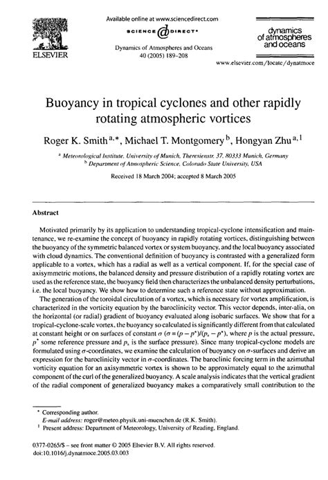Pdf Buoyancy In Tropical Cyclones And Other Rapidly Rotating Vortices