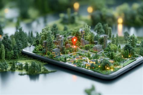 Smartphone Displaying A Miniature 3d Forest Landscape With A Red Location Pin Symbolizing