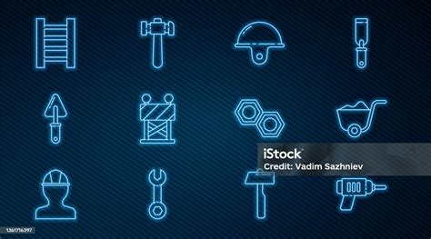 세트 라인 전기 드릴 머신 삽 노동자 안전 헬멧 도로 장벽 트로렐 나무 계단 육각형 금속 너트와 해머 아이콘 벡터 갈고리 발톱에 대한 스톡 벡터 아트 및 기타 이미지