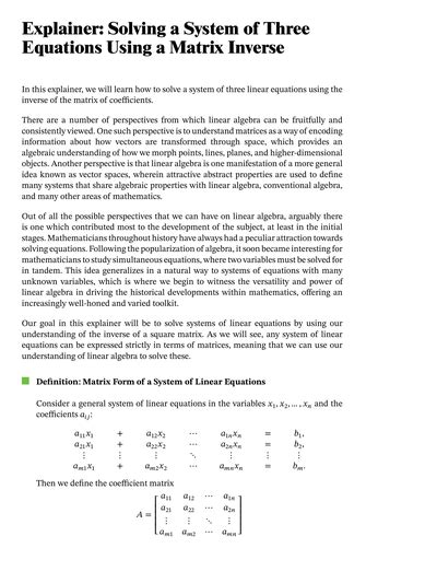 Lesson Solving A System Of Three Equations Using A Matrix Inverse Nagwa