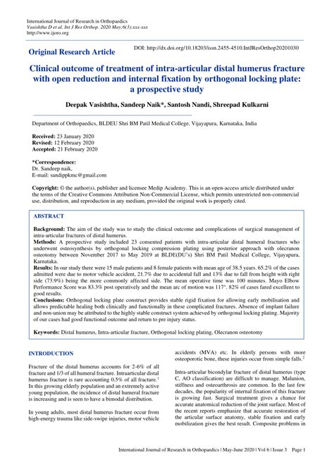 Pdf Clinical Outcome Of Treatment Of Intra Articular Distal Humerus Fracture With Open