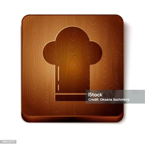 갈색 요리사 모자 아이콘 흰색 배경에 격리 요리 기호입니다 모자를 요리합니다 나무 사각형 버튼입니다 벡터 일러스트레이션 교통