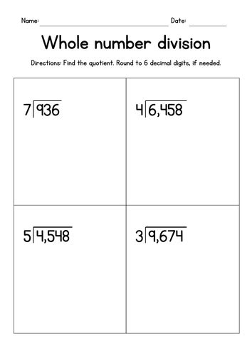 Whole Number Division Decimal Quotients Worksheets Teaching Resources