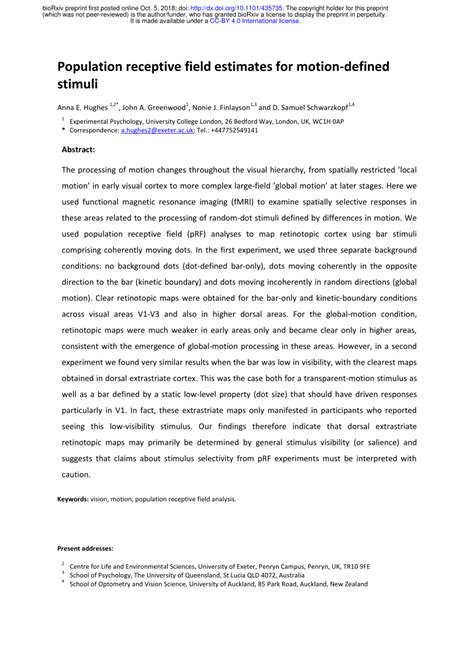 Pdf Population Receptive Field Estimates For Motion Defined Stimuli