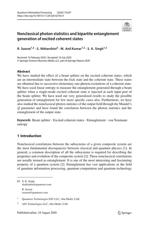 Pdf Nonclassical Photon Statistics And Bipartite Entanglement Generation Of Excited Coherent