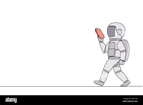 Continuous One Line Drawing Astronaut Walking To The Left Reading Book Gesture Of Memorizing