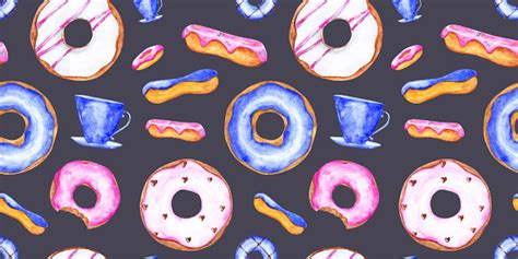 검은 색 배경에 베이커리 매끄러운 패턴 도넛 컵 케이크 커피 컵 에클레어 및 화환이 끝없는 인쇄물에 담겨 있습니다 수채화 도넛 일러스트레이션 디저트 벽지 생일 배경 0명에