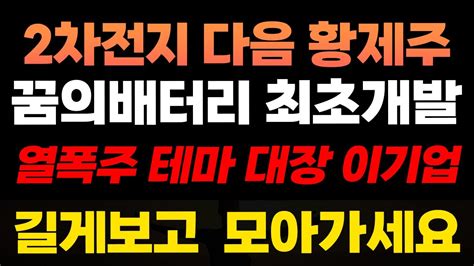 주식 2차전지 다음 황제주 꿈의배터리 최초개발 열폭주 테마 대장 이기업 길게 보고 모아가세요 Youtube