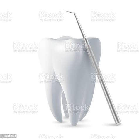 벡터 3d 사실적인 치아와 흰색 배경에 격리 된 치아 클로즈업에 대한 치과 프로브 의료 치과 의사 도구 디자인 템플릿 클립 아트 모형 치과 건강 관리 위생 개념 3차원