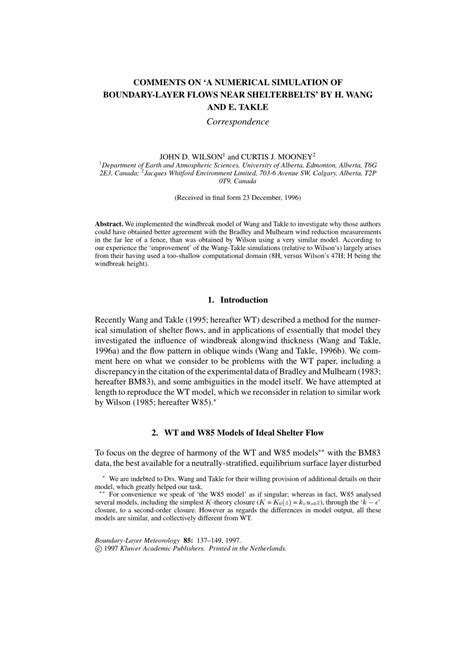 Pdf Takle E A Numerical Simulation Of Boundary Layer Flows Near