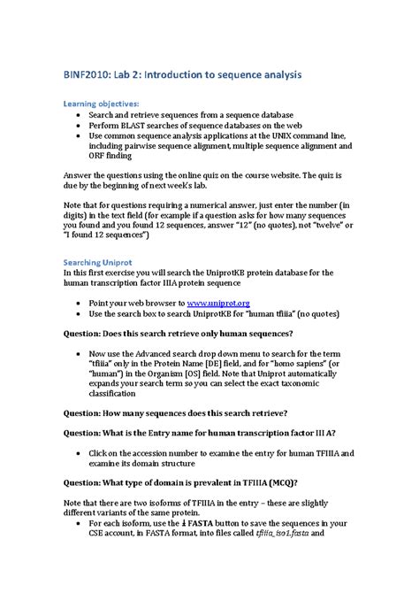 Lab Lab Structure BINF Lab Introduction To Sequence Analysis Learning Objectives