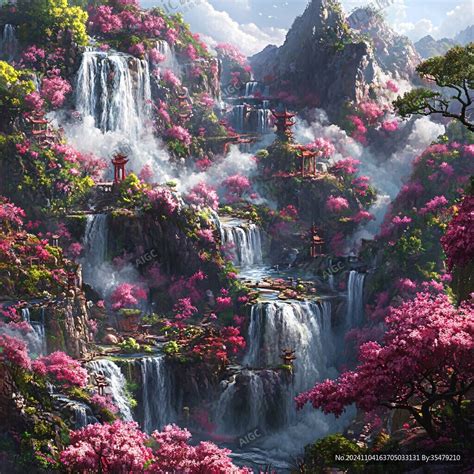 Ai创作图3d渲染山水画 桃林仙境插画 桃花源仙境 古风场景春暖花开 桃花岛素材 古风山水场景 花瓣飘落山水画 聚宝盆山水 中国风场景 新中式