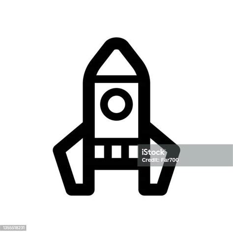 로켓 아이콘 우주선 블랙 윤곽 선형 실루엣 수직 측면 보기입니다 벡터 간단한 평면 그래픽 그림 흰색 배경의 격리된 개체입니다