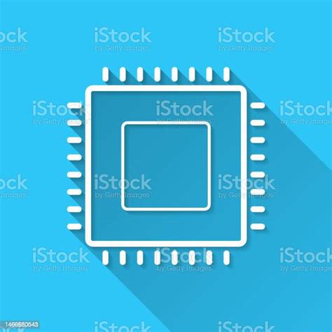 마이크로칩 파란색 배경에 아이콘 긴 그림자가 있는 평면 디자인 3차원 형태에 대한 스톡 벡터 아트 및 기타 이미지 3차원 형태 Cpu 개념 Istock