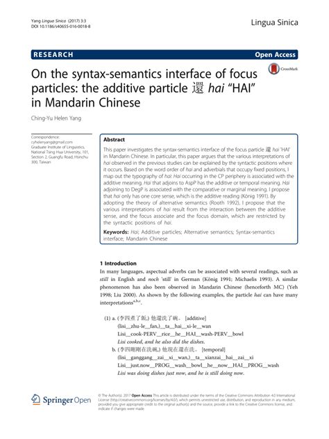 Pdf On The Syntax Semantics Interface Of Focus Particles The Additive Particle 還 Hai Hai” In