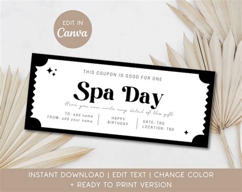 Editable Spa Day Coupon Printable Spa Ticket Voucher Custom Spa Day