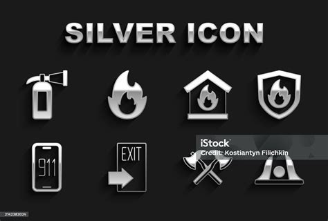 비상구 보호 방패 소방관 헬멧 도끼 모바일 비상 전화 911 불타는 집 소화기 및 화염 아이콘을 설정합니다 벡터 건축하기에 대한