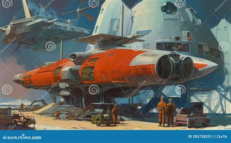 Soviet Sci Fi Futuristic Spacecraft Art Neural Network Generated Image Stock Illustration