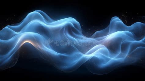 Abstract Blue Wave Pattern With Flowing Motion And Glowing Particles On Black Background