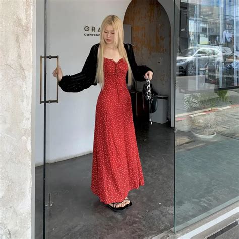 2color 레드 블랙 가슴 셔링 포인 롱 나시 스트랩 원피스 에이블리 스토어