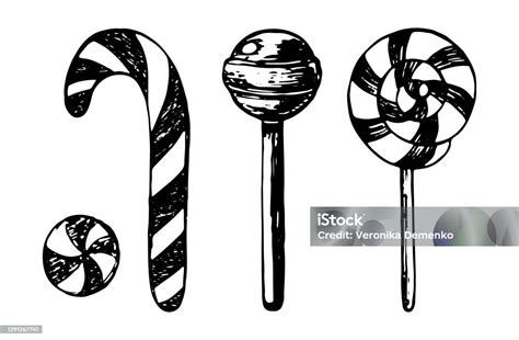 사탕 스케치 컬렉션 손으로 그린 선 아트 요소 세트 흑백 사탕 캐러멜 롤리팝 둥근 방울 벡터 일러스트레이션 0명에 대한 스톡