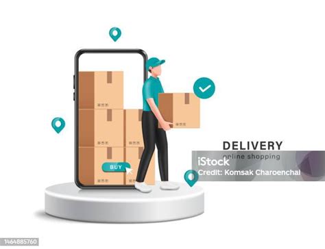 스마트폰 앞에 서 있는 제복을 입은 배달원과 둥근 연단에 서서 고객에게 배달되기를 기다리는 소포 상자를 들고 있다 3차원 형태에