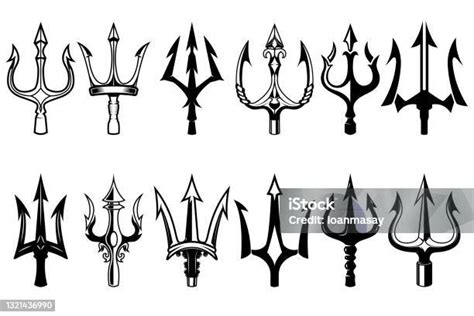 트라이던트의 일러스트레이션 세트 해왕성 삼지창 레이블 기호 포스터용 디자인 요소입니다 벡터 일러스트레이션 삼지창 창에 대한 스톡 벡터 아트 및 기타 이미지 Istock