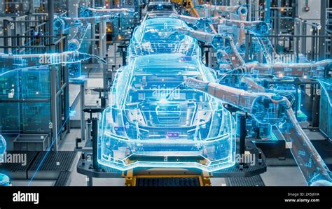 Front View Car Factory Digitalization Automated Robot Arm Assembly Line Manufacturing High Tech