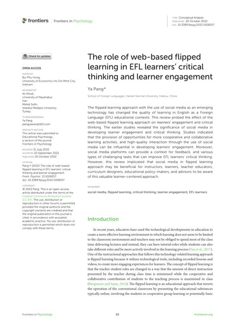 Pdf The Role Of Web Based Flipped Learning In Efl Learners Critical Thinking And Learner