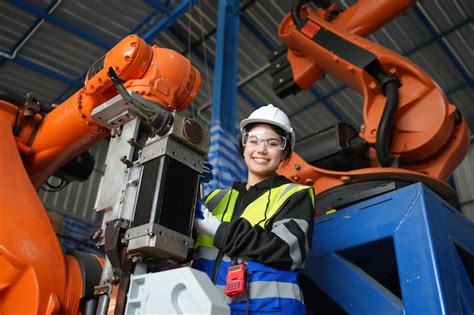 Premium Photo Female Engineer Check And Control Automation Robot Arms Machine In Intelligent