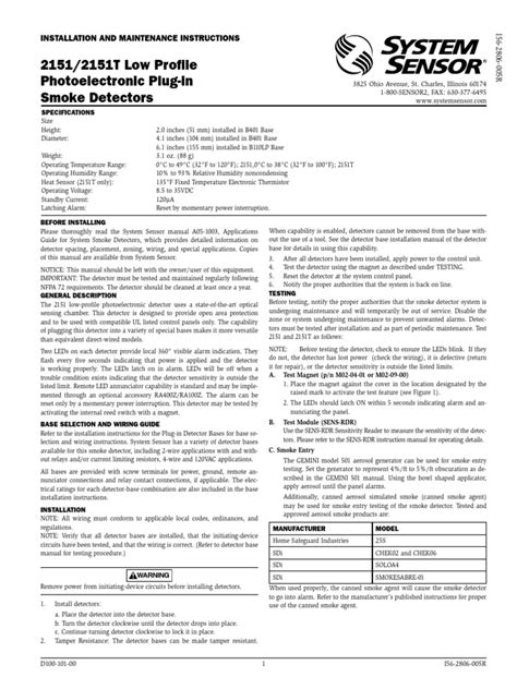 System Sensor 2151 And 2151t Installation Manual Pdf Smoke Relay