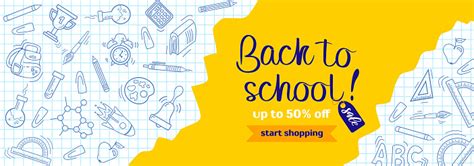 학교로 돌아 가기 낙서 스타일의 밝은 현대 배너 그림이 있는 노트북의 시트입니다 학습 기호 필기구 펜 연필 및 통치자 광고 배너