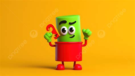 노란색 배경과 빨간색 물음표로 둘러싸인 재활용 기호가 있는 녹색 쓰레기통 마스코트의 3d 렌더링 폐기물 처리 쓰레기통 플라스틱 쓰레기 배경 일러스트 및 사진 무료