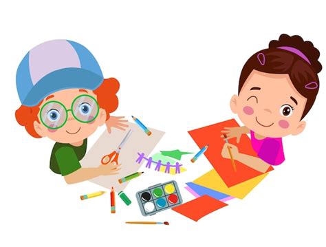 Niños Cortando Papel De Colores Con Tijeras Y Pintando Vector Premium