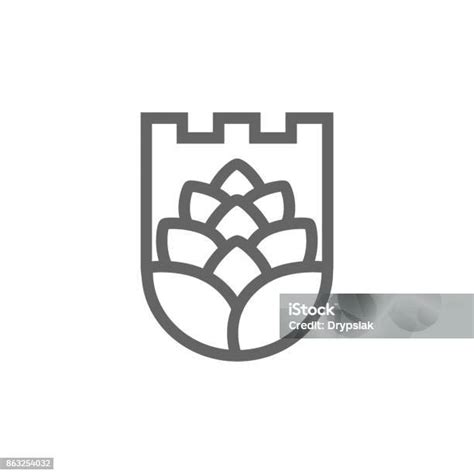 방패와 홉 라인 아이콘 조합의 벡터입니다 기호와 기호 벡터 일러스트 레이 션 디자인 편집 가능한 선입니다 흰색 배경에 고립 가을에 대한 스톡 벡터 아트 및 기타 이미지